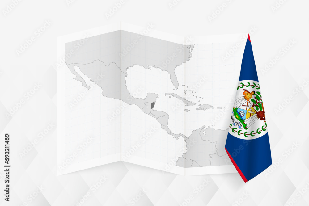 A grayscale map of Belize with a hanging Belizean flag on one side ...