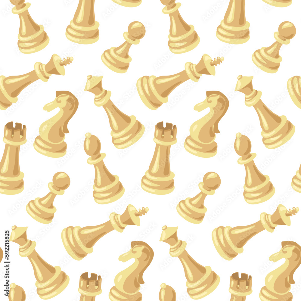 A pattern of chess pieces of white suit wooden on a white background ...