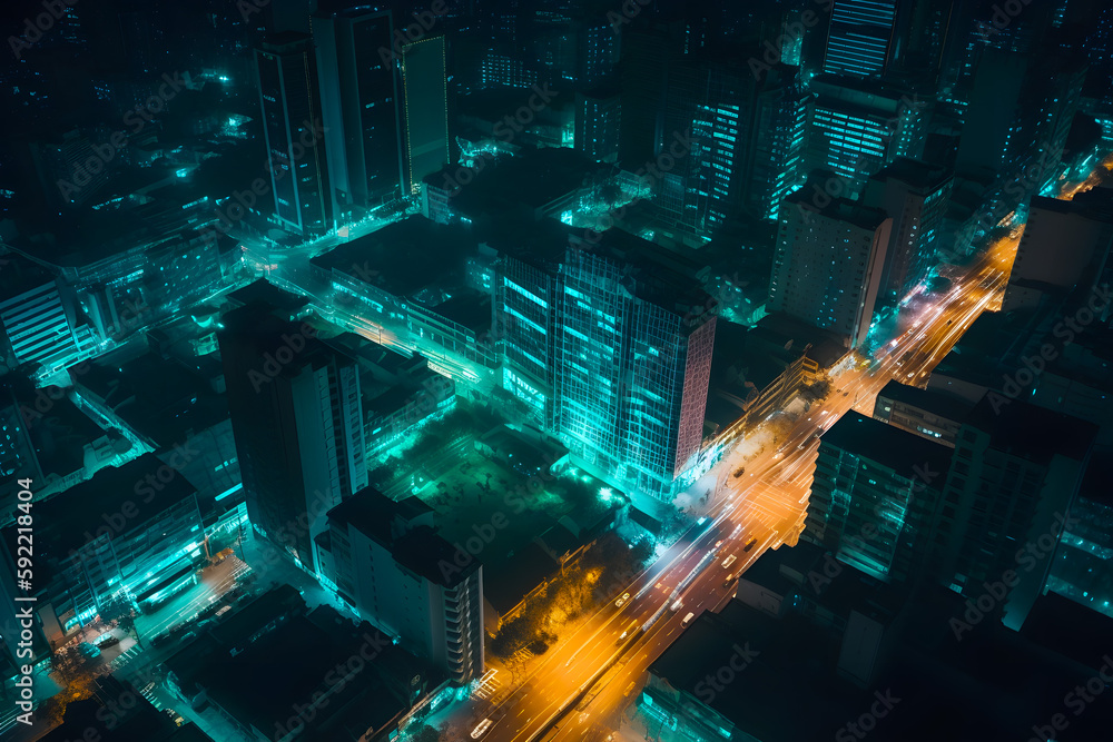 Large night city with street intersections illuminated by neon light ...