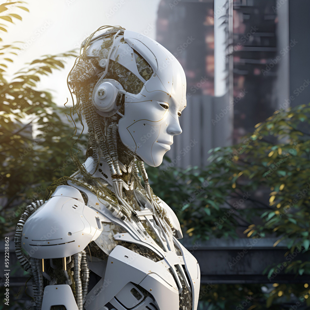 A humanized robot in the middle of a green forest. The theme of the ...