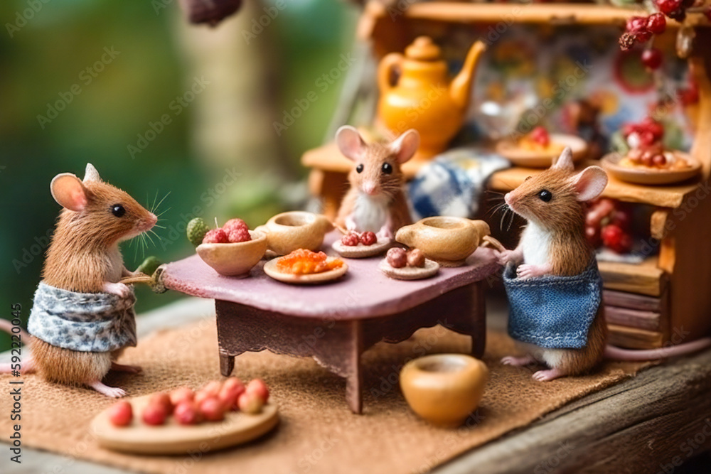 Cute mice family having dinner in a rural kitchen. Created with ...