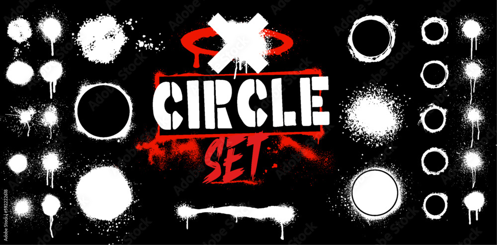 circle graffiti stencil, brush stroke and paint splashes in vector ...