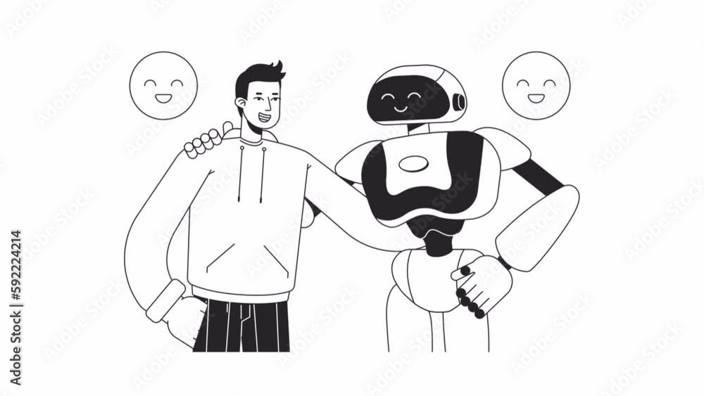 Human hugging AI bw animation. Animated half body man with robot 2D ...