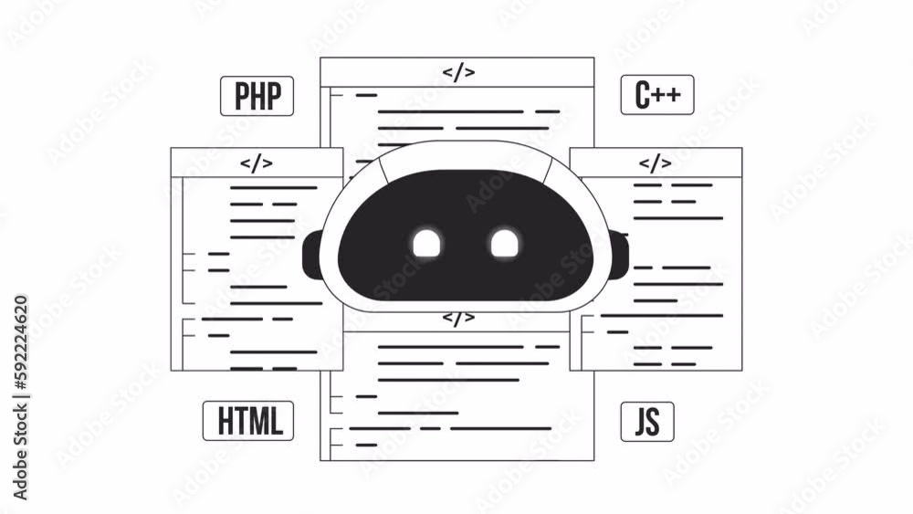 Vidéo Stock AI-assisted programming bw animation. Animated bot with ... Vidéo Stock AI-assisted programming bw animation. Animated bot with ...
