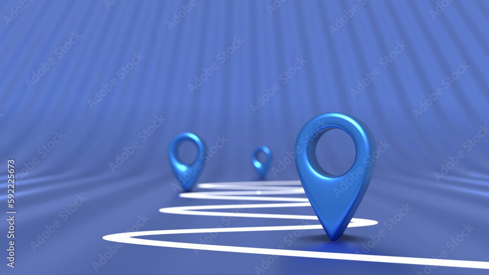Road map blue metal location pin icon symbol or GPS travel route ...