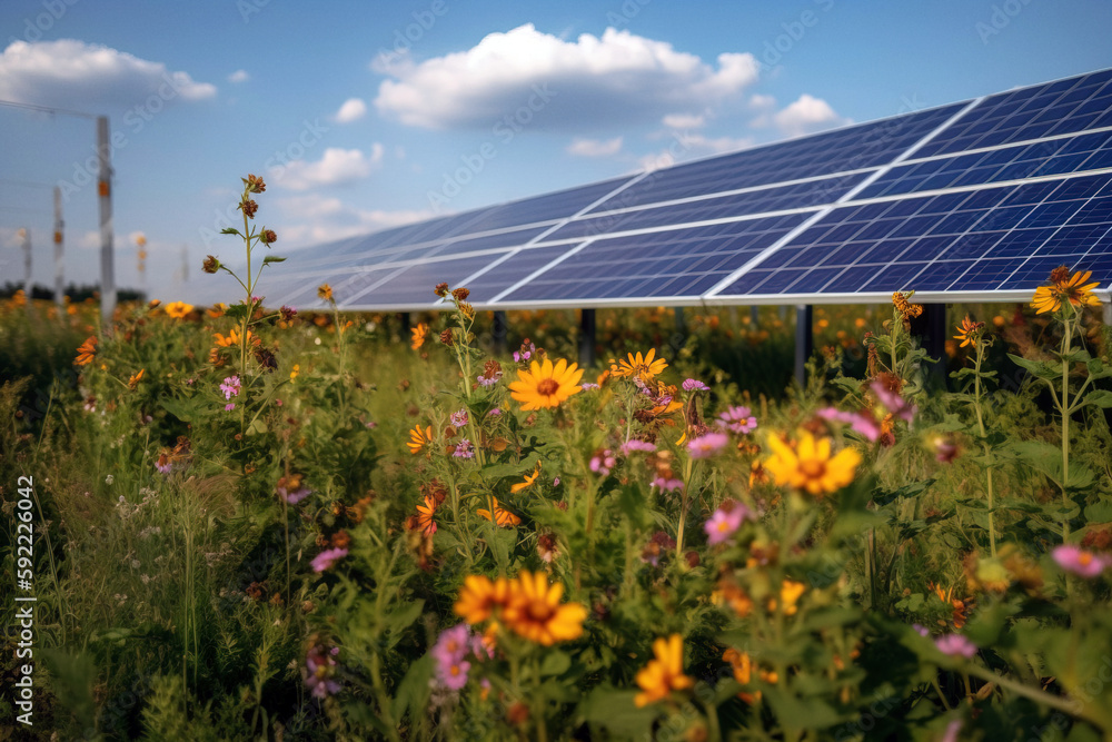 Solar panels in beautiful field of flowers. Sustainability background ...