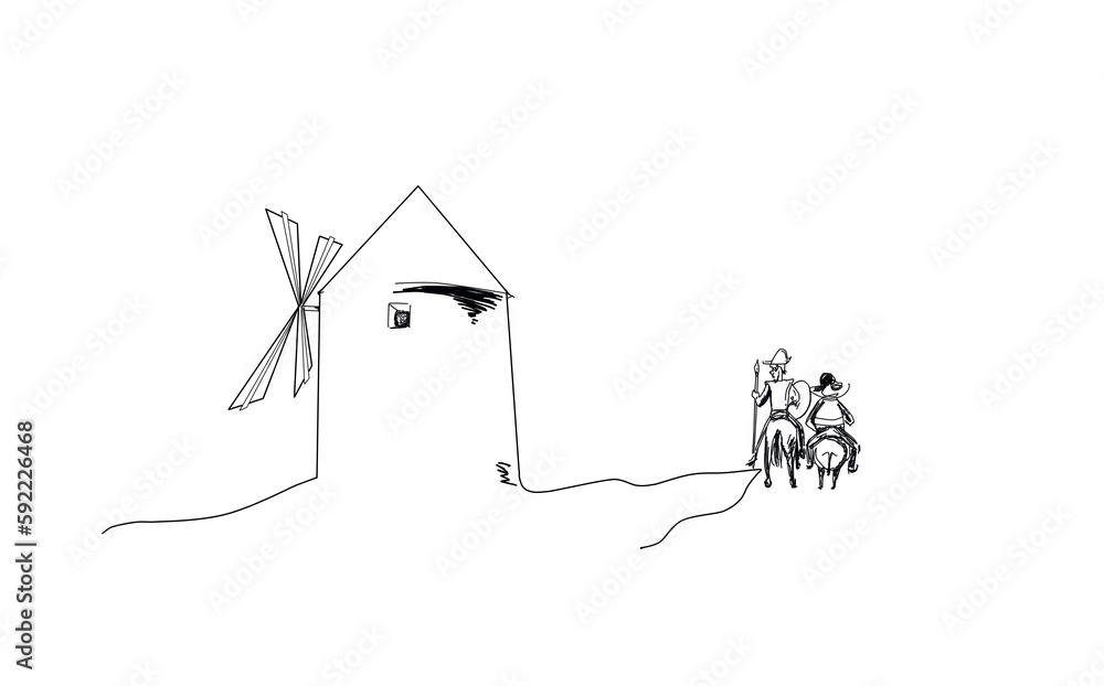 Don Quijote de la Mancha y Sancho Panza con paisaje de molino de viento ...
