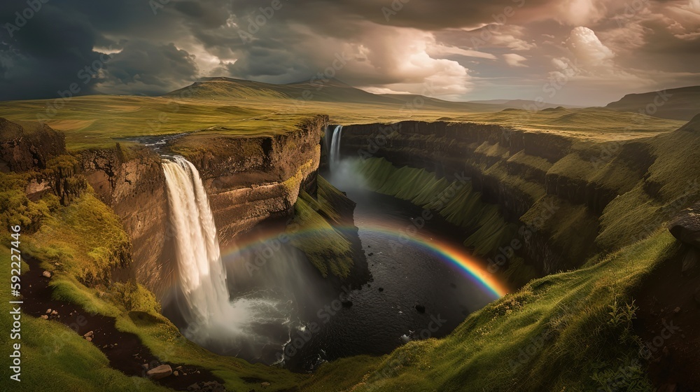 rainbow cross over big and high waterfall, water drop from rock cliff ...