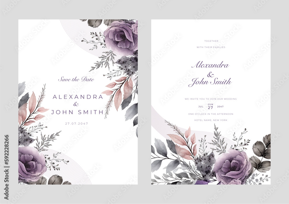 White wedding invitation template set with floral frame Premium Vector. Wedding invitation ...
