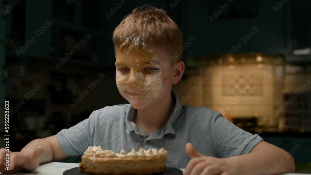 Kid After Face Cake Smash. Happy birthday boy eating sweets. Child with ...
