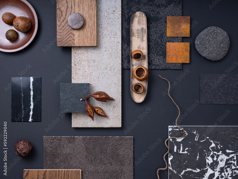 Photo Aesthetic flat lay composition in grey and navy color palette ...