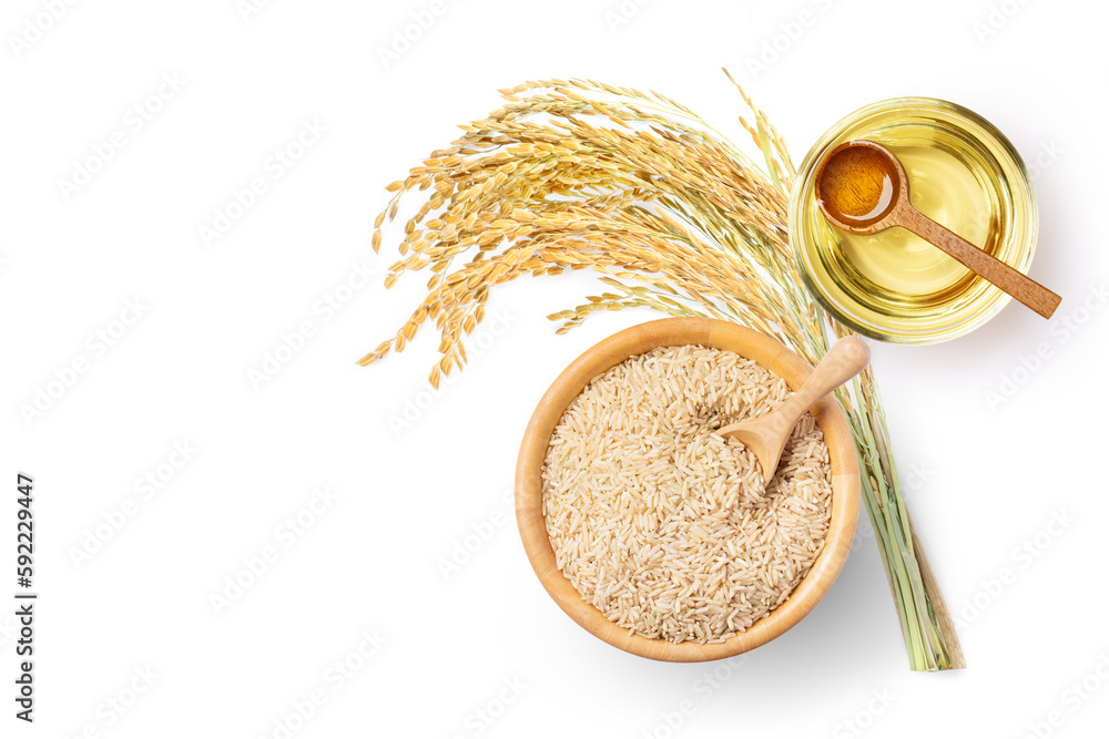 Rice bran oil extract with paddy and brown rice isolated on white ...