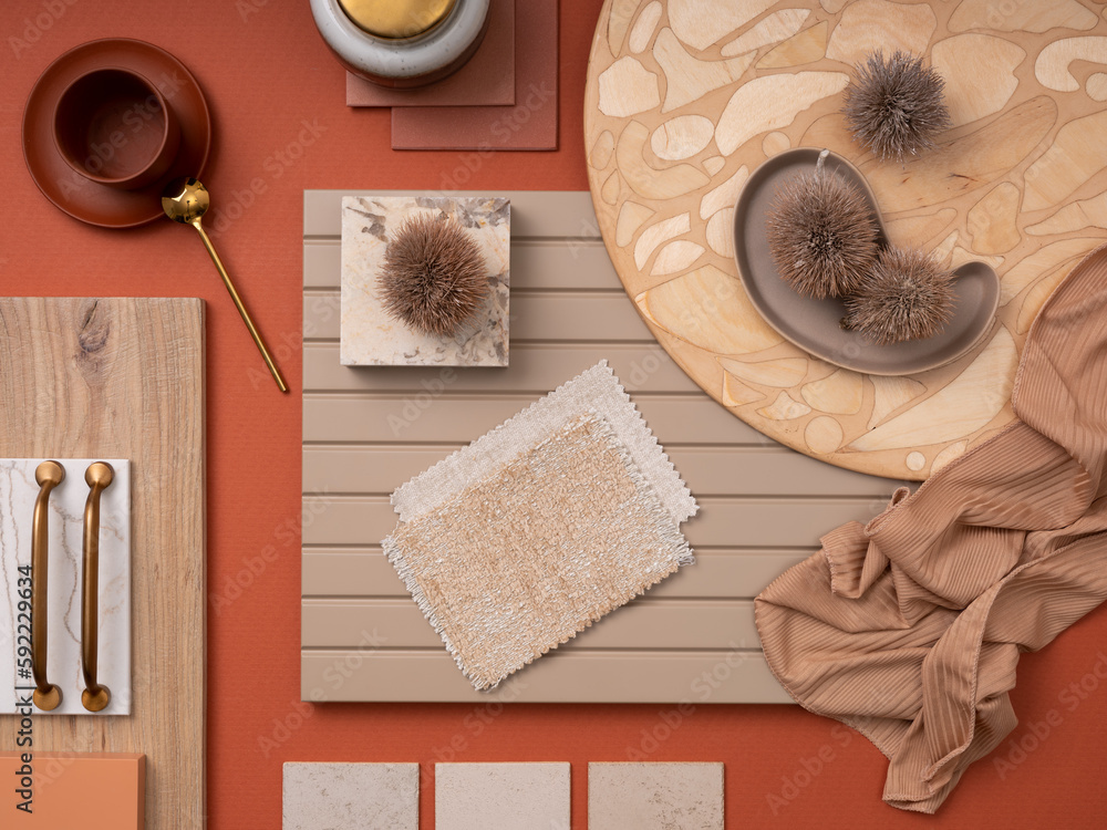 Stylish flat lay composition in orange and beige color palette with ...