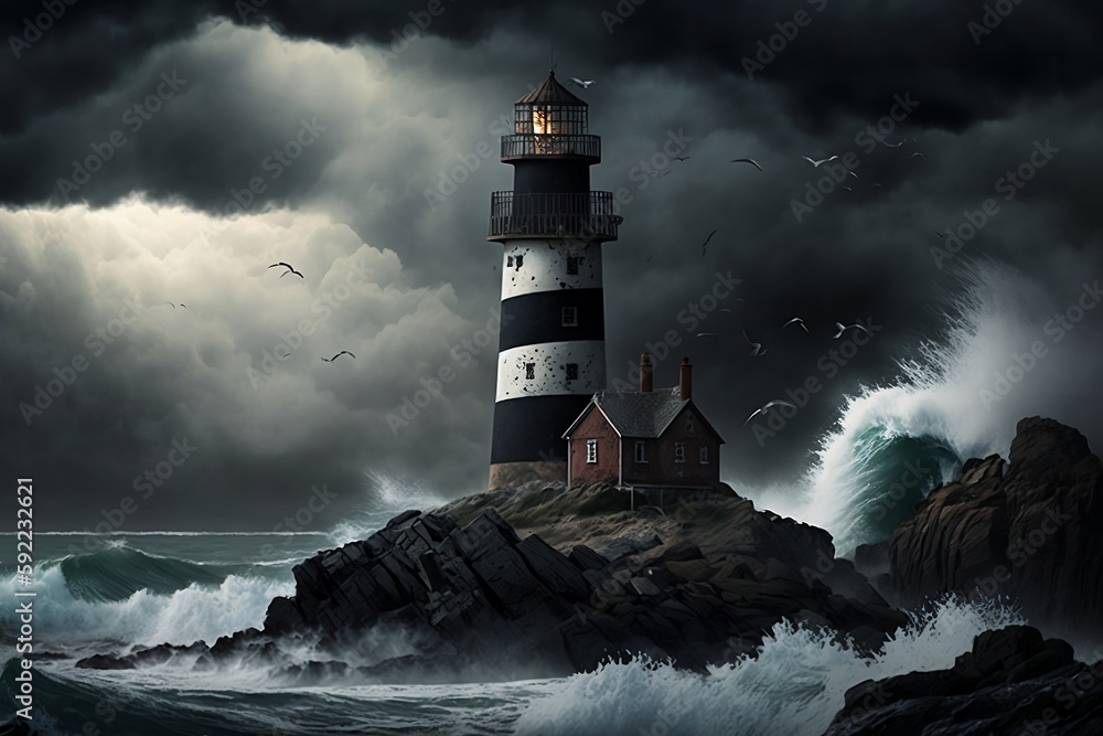 A gloomy lighthouse on a lonely rock during a storm Stock Illustration ...