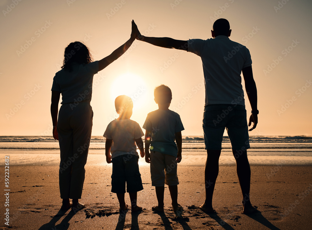 Family, sunset and outdoor silhouette at beach with children and ...