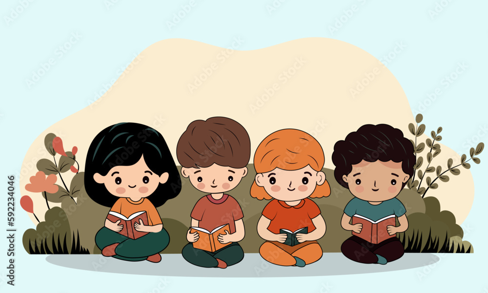 Children Characters Reading Books In Sitting Pose Against Nature ...