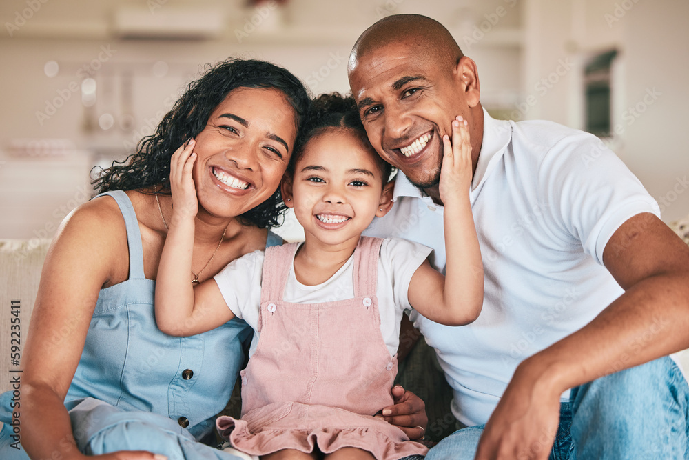 Family in portrait, parents and happy child relaxing at home in support ...