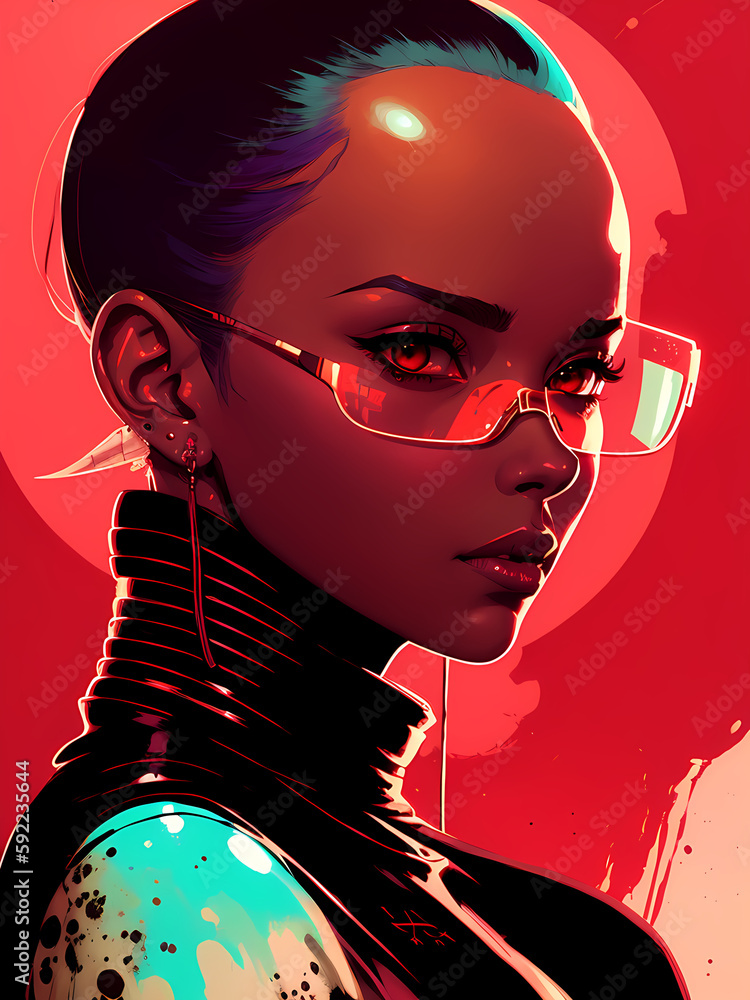 a portrait illustration of a beautiful woman with futuristic space suit ...
