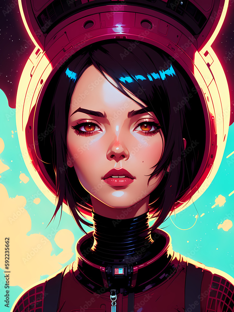 a portrait illustration of a beautiful woman with futuristic space suit ...