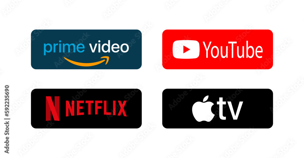 Amazon prime video; YouTube; Netflix; Apple TV - Collection of popular streaming services logo ...