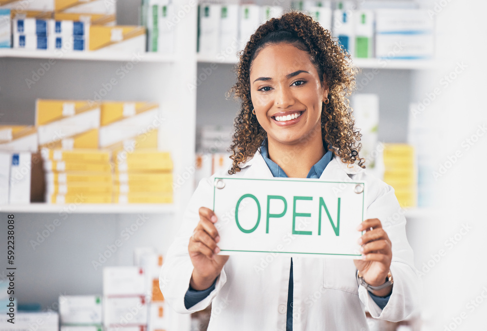 Open sign, medical board and woman portrait in a pharmacy with a ...