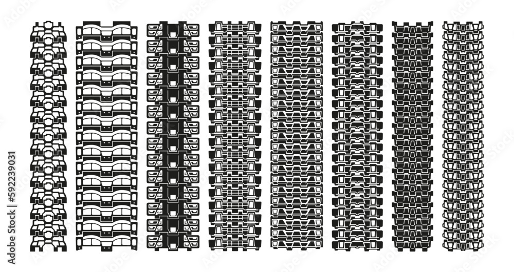 Tank track tread black monochrome ornamental footprint set vector flat ...