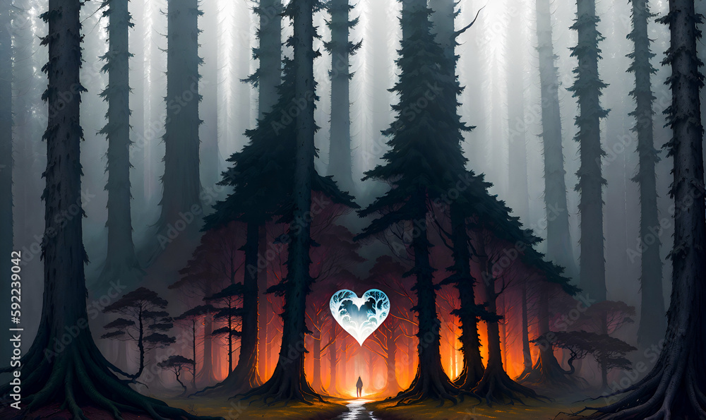 Heart shaped orb gemstone in the center of the forest trees fantasy ...