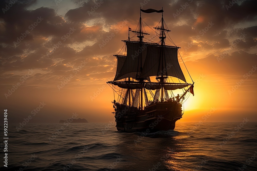 black pirate ship sails into the sunrise, with the sun peeking over the ...