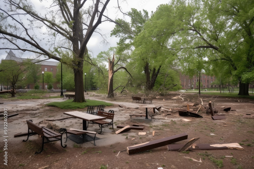 park, surrounded by devastation and debris from the storm, with broken ...