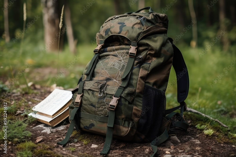 military backpack, with a map of the route and coordinates, ready for ...