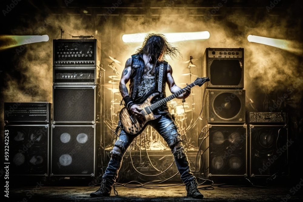 heavy metal guitarist, with their guitar and amp on stage, ready to ...