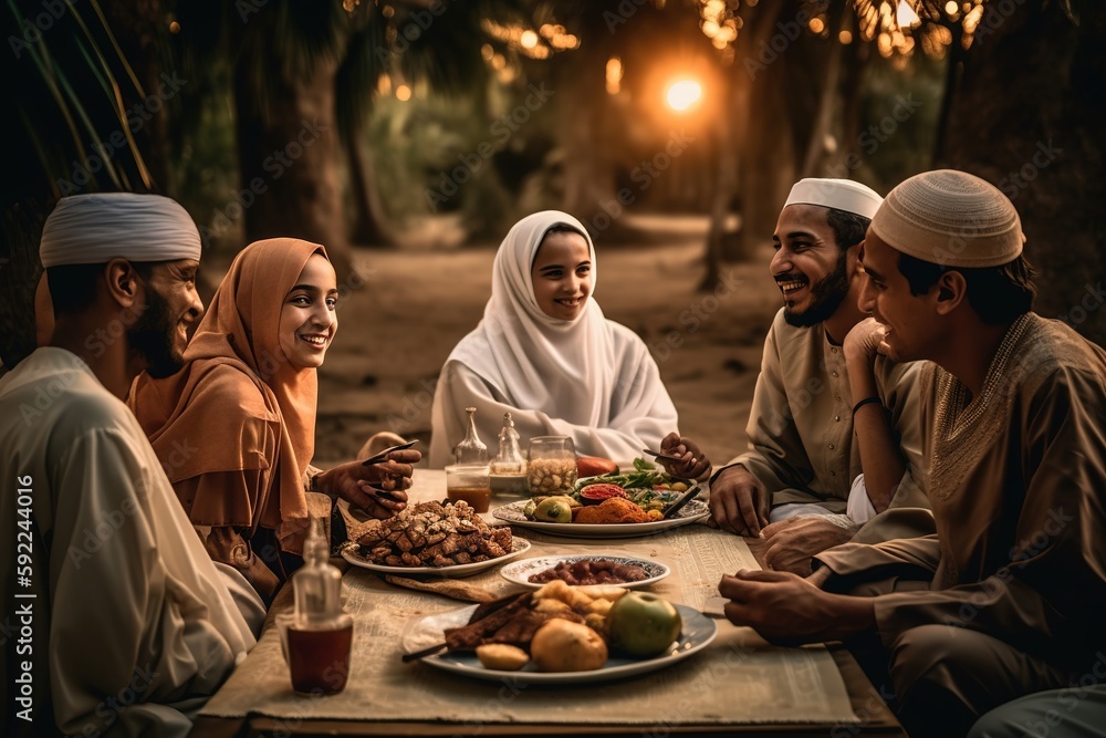 A family sitting together for iftar the breaking of fast at sunset.On ...
