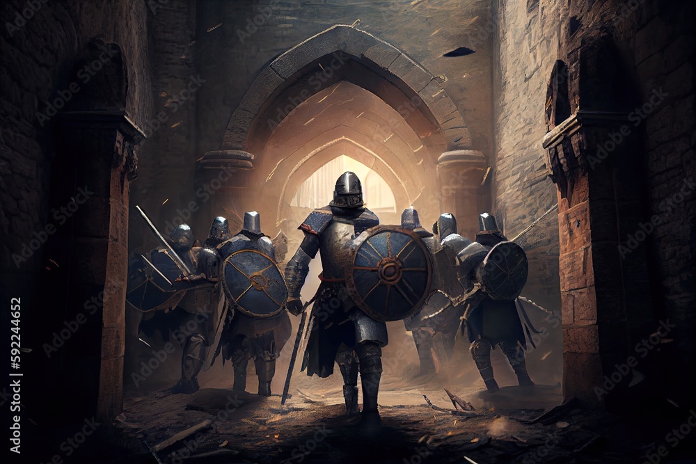 storming a medieval fortress with swords and shields, ready to fight ...