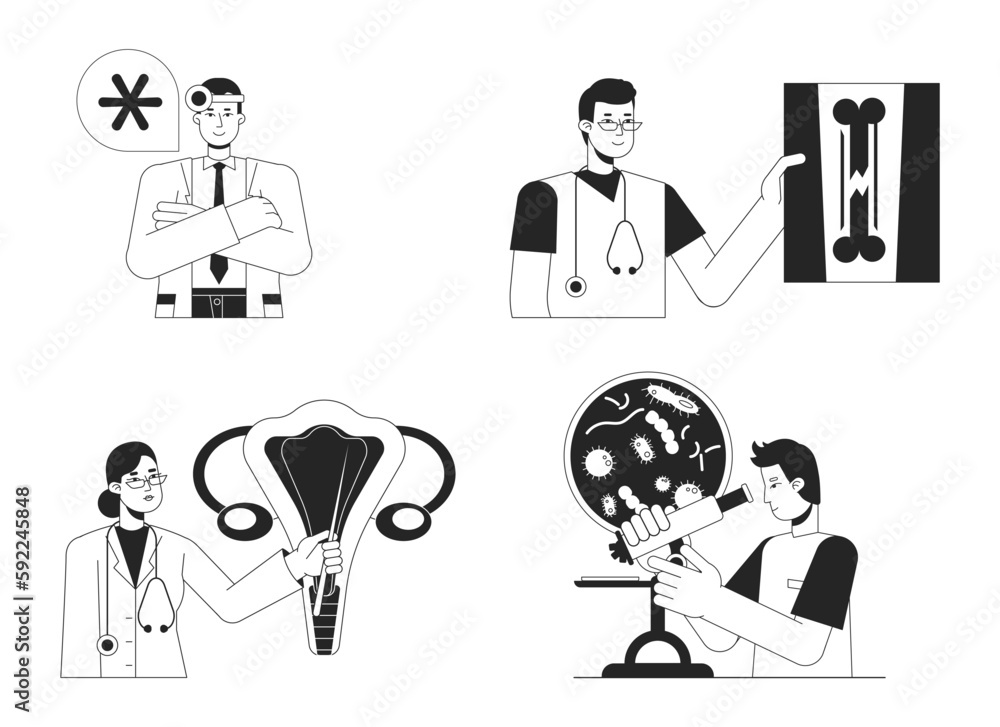 Medical treatment bw concept vector spot illustrations pack. Hospital ...