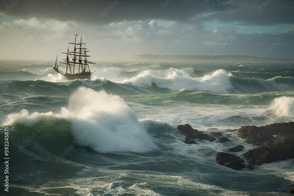 stormy seas, with pirate ship sailing through choppy waves, created ...