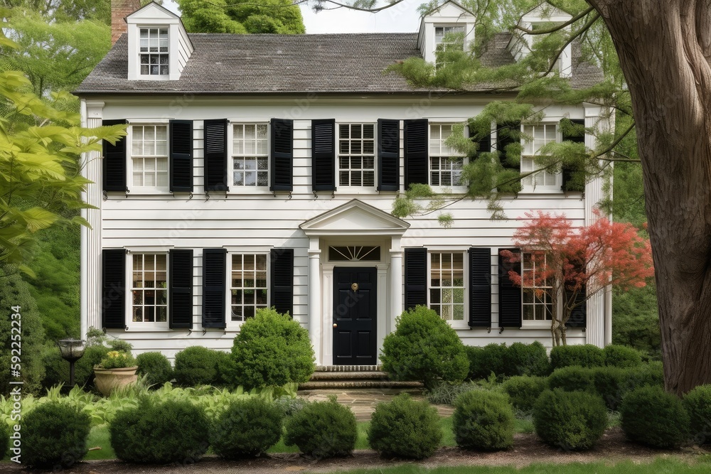 colonial house exterior with painted white trim and black shutters ...