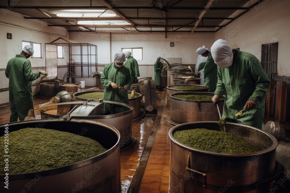 extraction and processing plant, with workers extracting essential oils ...
