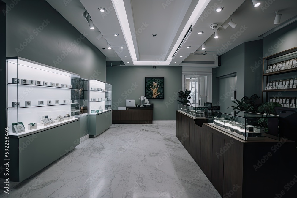 photoshoot of sleek and streamlined cannabis dispensary with ...