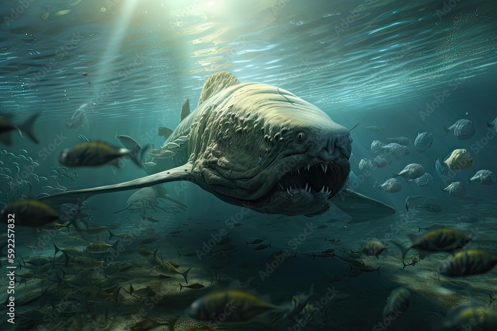 sea monster swimming under water, with schools of fish swimming in the ...