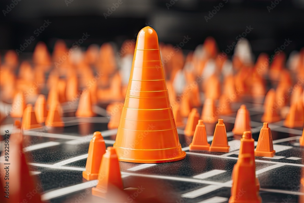 traffic cone towering over miniature city, symbolizing the importance ...