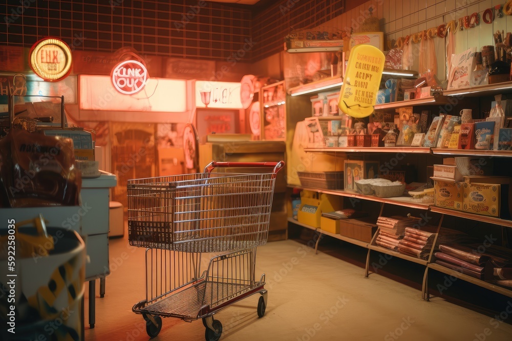 80s-style store with vintage shopping cart and retro sign, created with ...