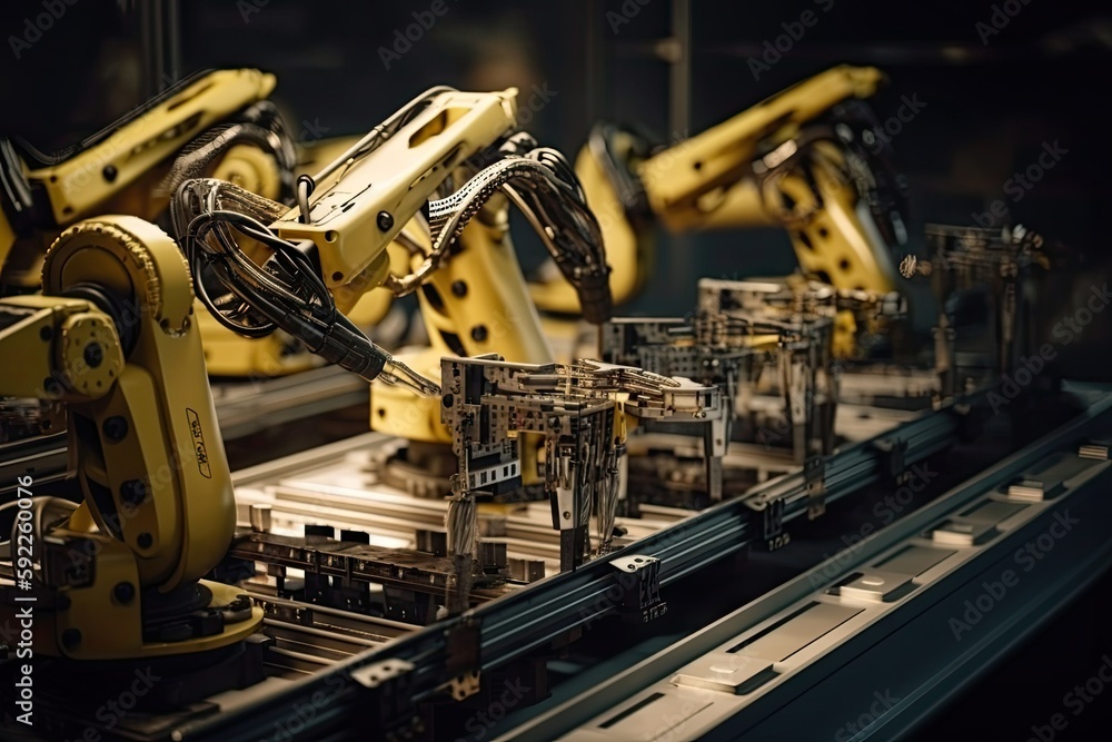complex assembly line with intricate network of robotic arms and ...