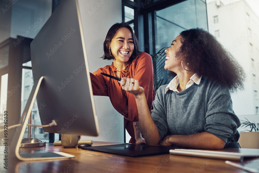 Collaboration, computer and business women in the office while working ...