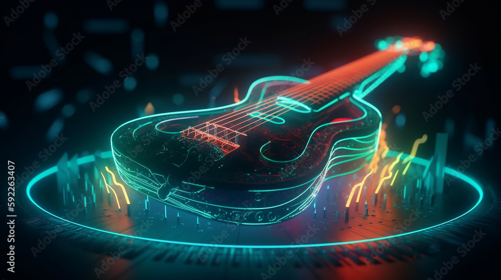 Abstract neon background. Fantastic landscape music notes with glowing ...