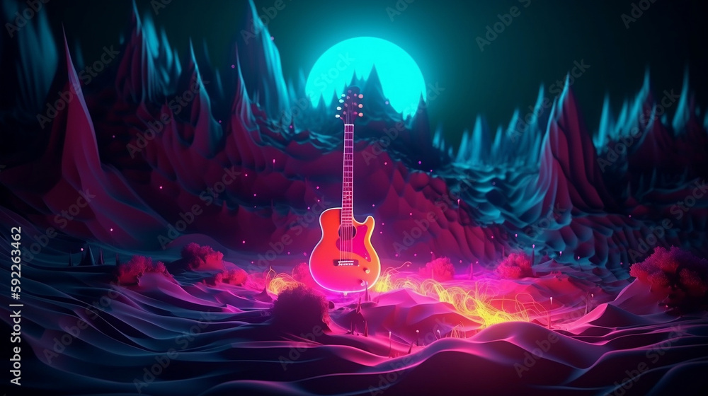 Abstract neon background. Fantastic landscape music notes with glowing ...