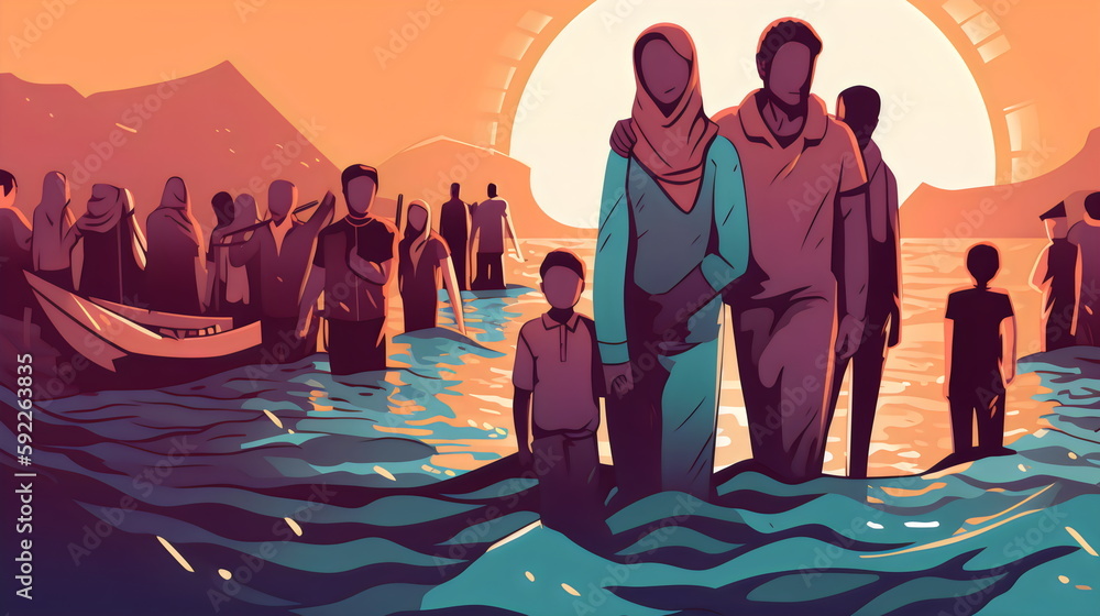 refugee family in water illustration for world refugee day, made with ...