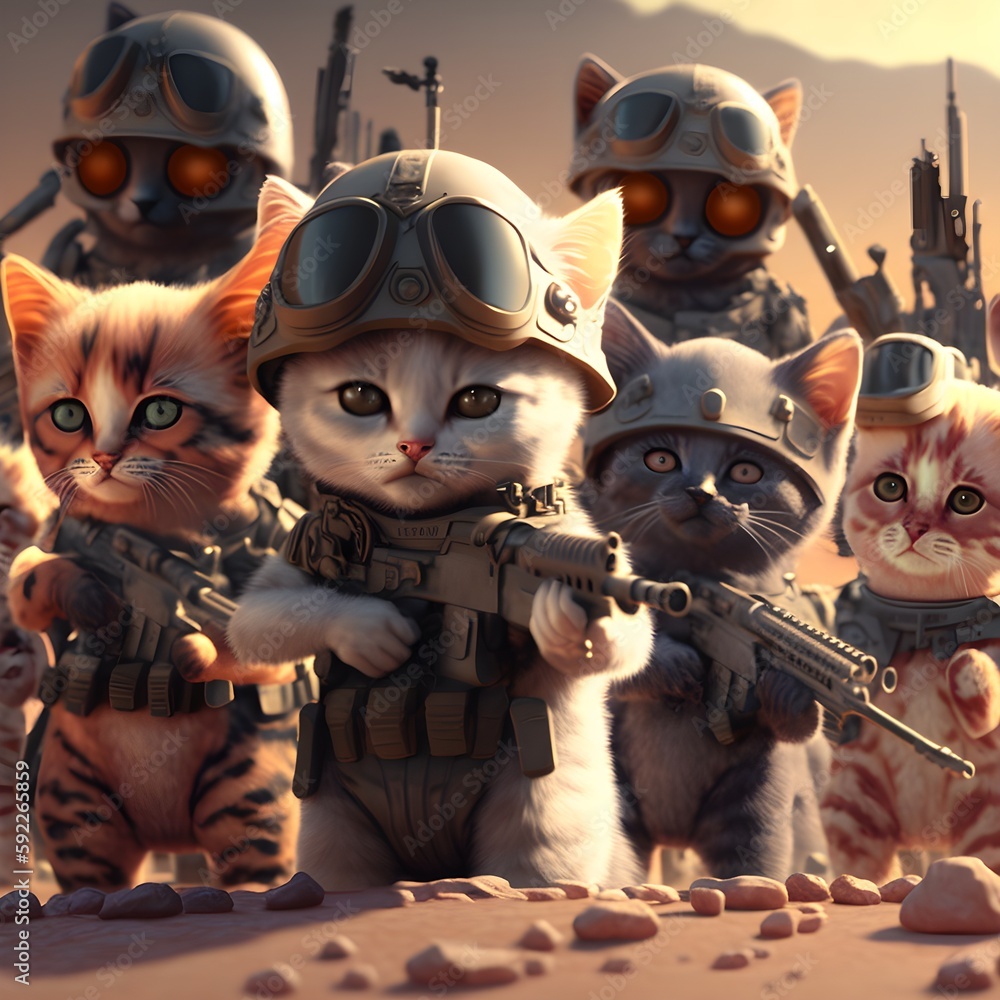 kitten army with guns matching on platoon of dogs 4k anime style sunset ...
