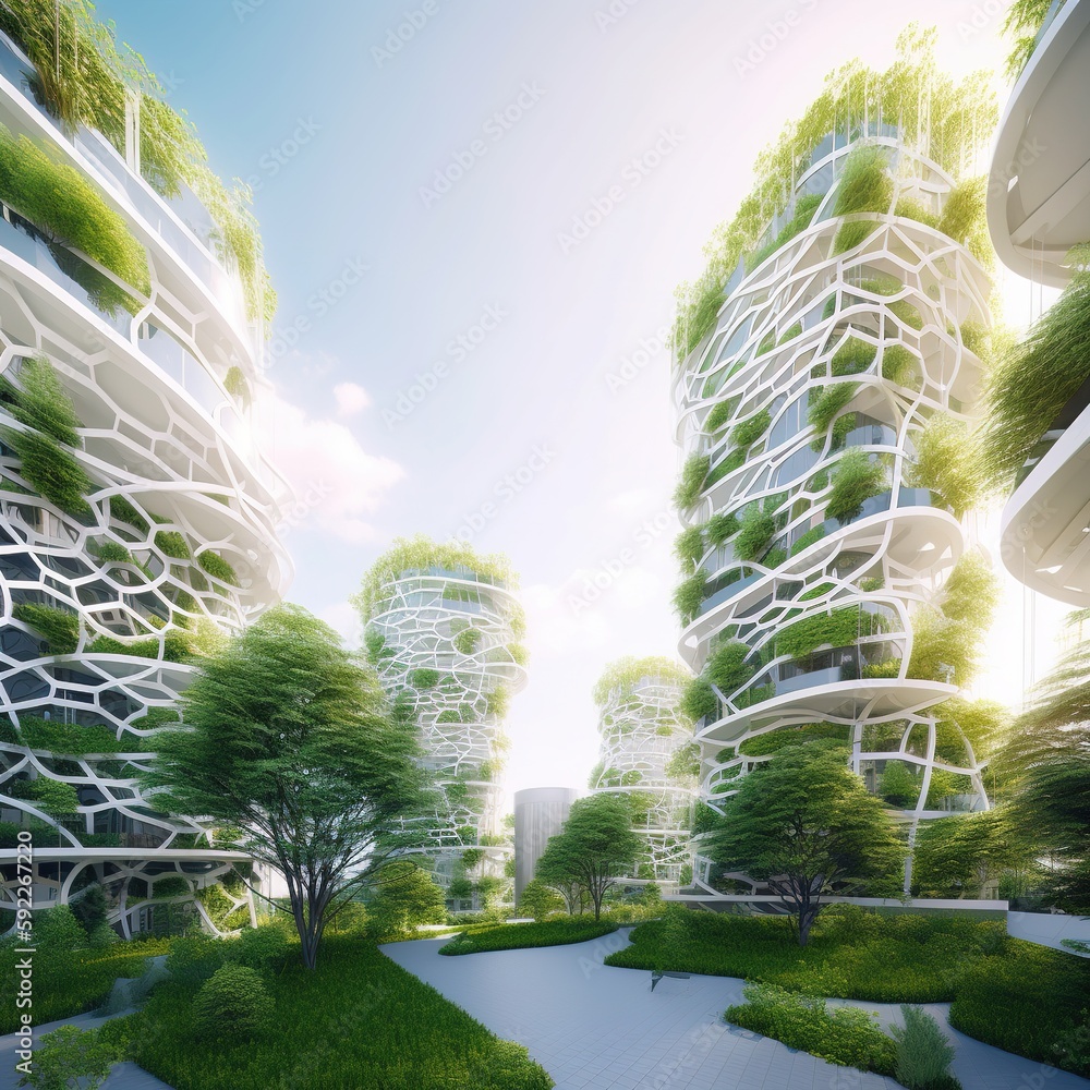 skyline with trees, Sustainable green city with futuristic office ...