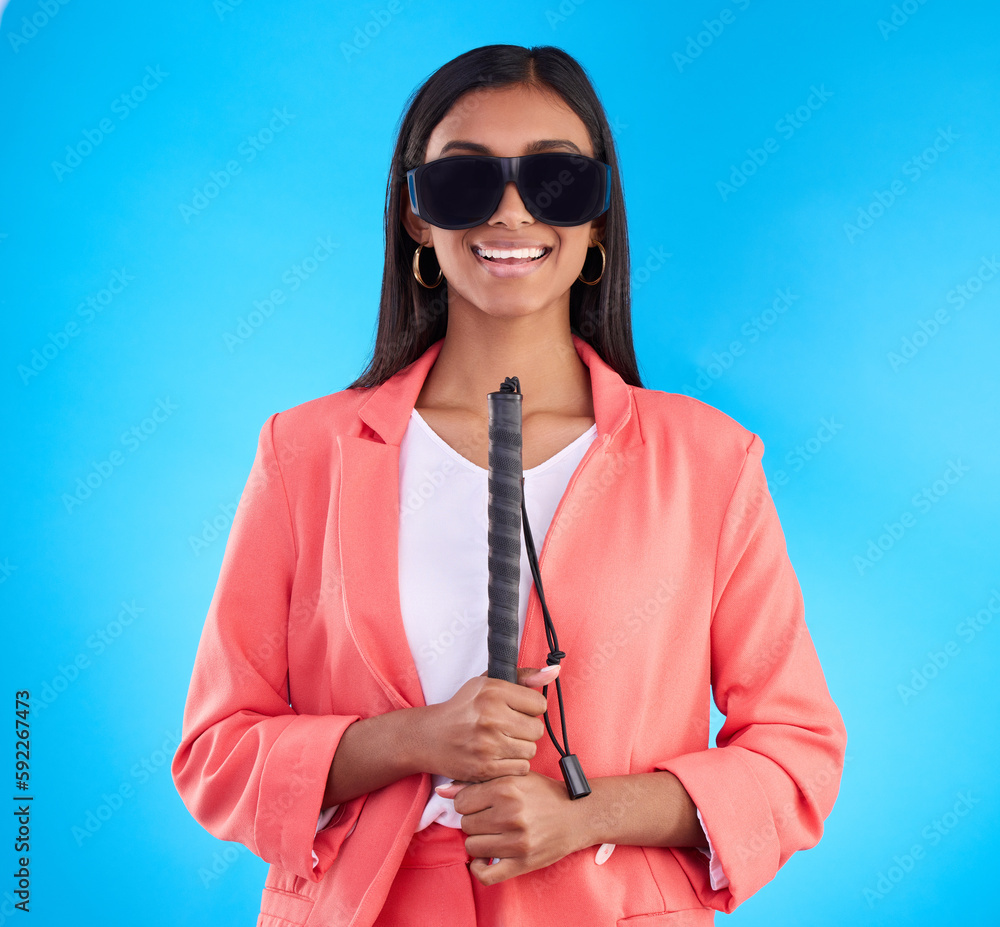 Blind, disability and walking stick with a woman on a blue background ...
