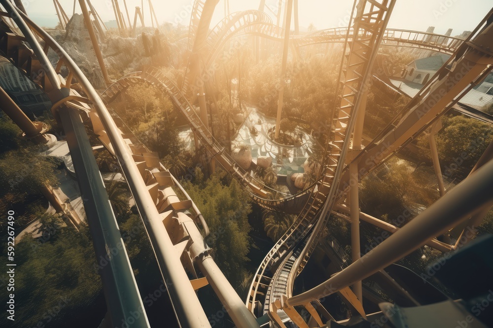dizzying and dreamlike scene of a roller coaster, with the view from ...
